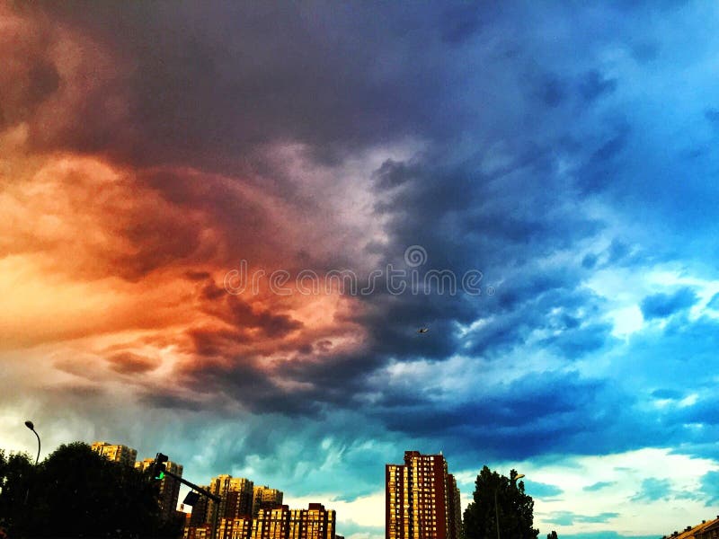 Amazing Colorful Sky Over the City at Sunset Stock Image - Image of ...
