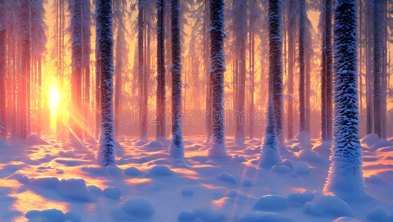 Amazing Dawn Landscape with a Winter Polar Forest and Bright Sunlight ...