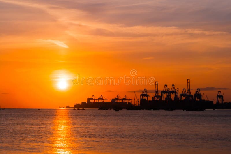 Amazing Dramatic Sunset Over the Sea, Cargo Port in the Evening ...
