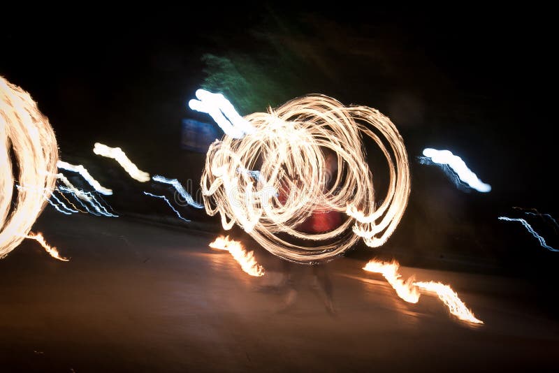 Amazing Fire Show Dance. Fire Dancer Playing with Flame Stock Image ...