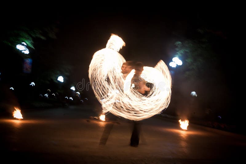 Amazing Fire Show Dance. Fire Dancer Playing with Flame Stock Image ...