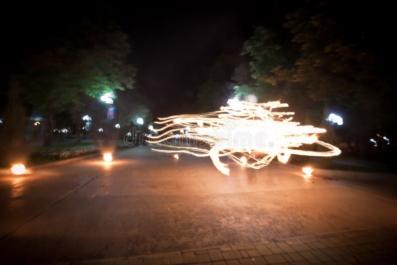 Amazing Fire Show Dance. Fire Dancer Playing with Flame Stock Image ...