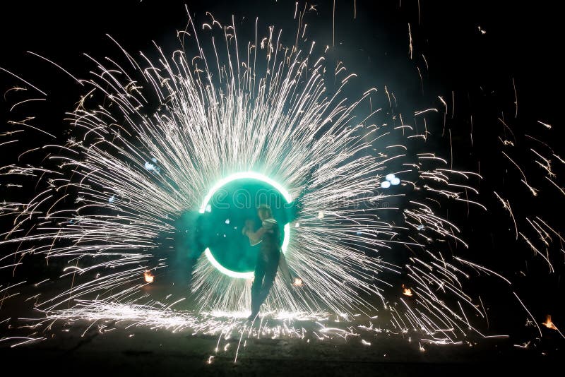 Amazing Fire Show Dance. Fire Dancers Playing with Flame Stock Photo ...