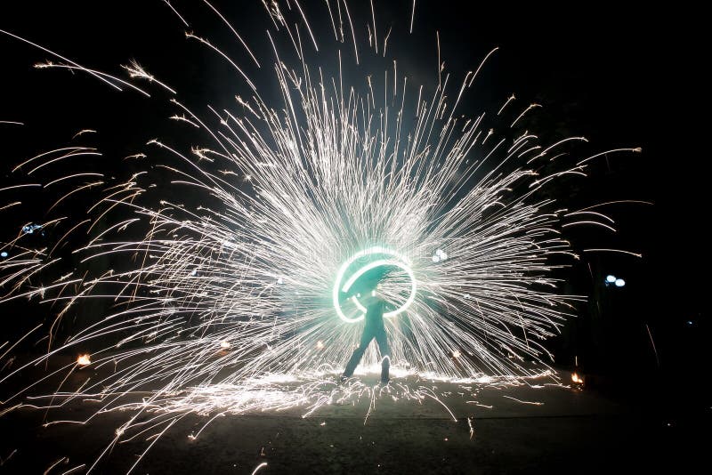 Amazing Fire Show Dance. Fire Dancers Playing with Flame Stock Photo ...
