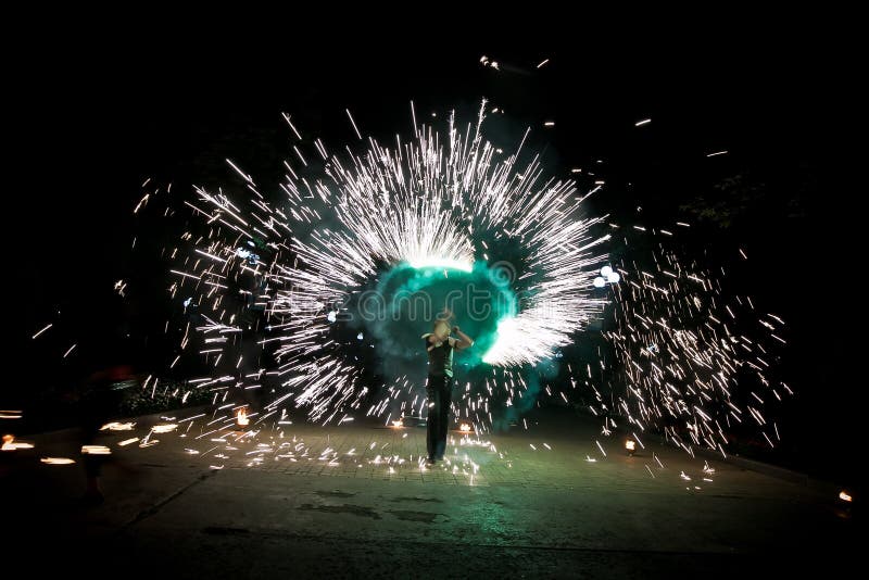 Amazing Fire Show Dance. Fire Dancers Playing with Flame Stock Photo ...