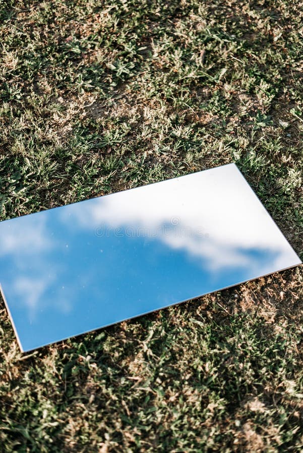 Amazing Flat Lay of a Mirror on the Grass Stock Image - Image of copy ...