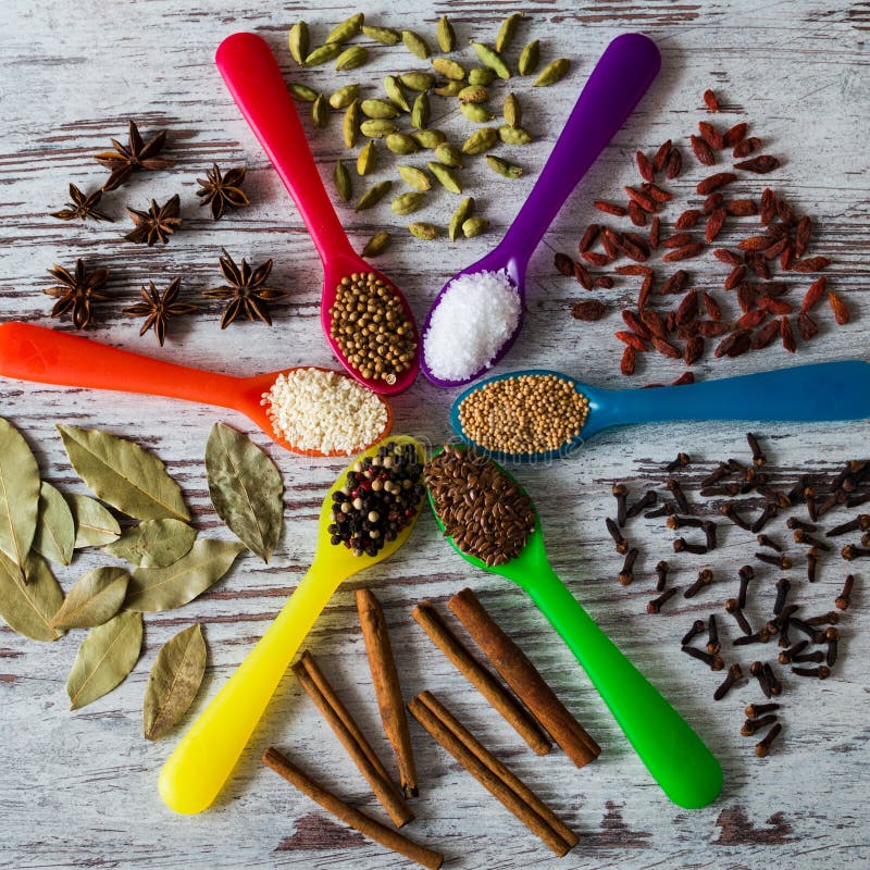 Amazing Fresh Aromatic Spices in the Colorful Spoons. Stock Photo ...
