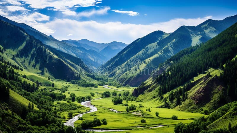 Amazing Green Valley with River between Mountains Stock Illustration ...