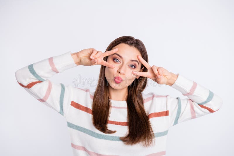 Amazing Lady Showing V Sign Symbol Near Eyes Sending Air Kiss Wear