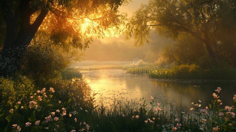 Amazing Landscape with a Forest River at Sunset Stock Illustration ...