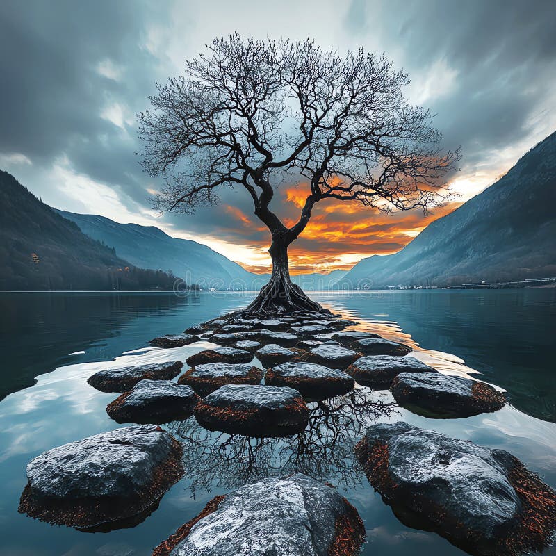 Amazing Landscape with Tree at Sunset, AI Generated Stock Illustration ...