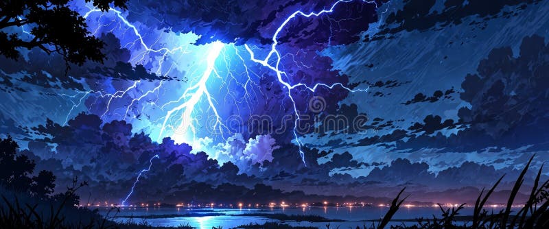 Amazing Lightning Strike, Anime Background 2d Style. Stock Photo ...