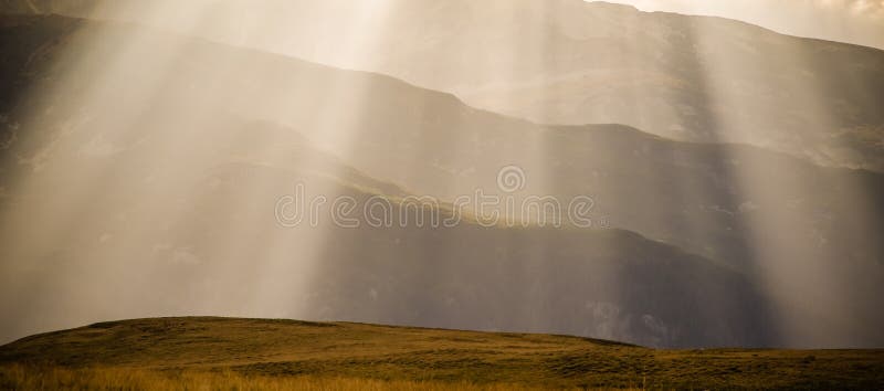Amazing Panorama of Heavenly Lights at Sunset in High Mountains Stock ...