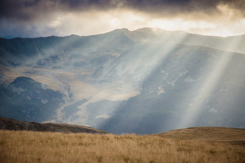 Amazing Panorama of Heavenly Lights at Sunset in High Mountains Stock ...