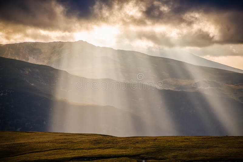 Amazing Panorama of Heavenly Lights at Sunset in High Mountains Stock ...