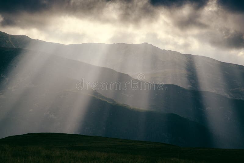 Amazing Panorama of Heavenly Lights at Sunset in High Mountains Stock ...