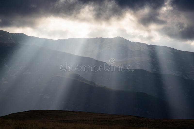 Amazing Panorama of Heavenly Lights at Sunset in High Mountains Stock ...