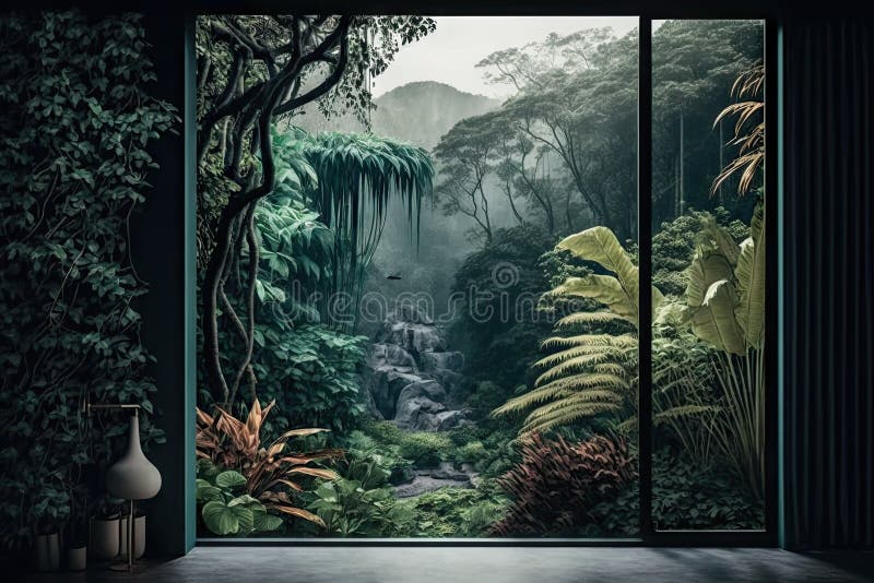 Amazing Panoramic View of Jungle Interior Design through Window Stock ...
