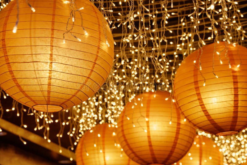 Amazing Paper Lanterns among White Lights. Beautiful Decoration Stock ...