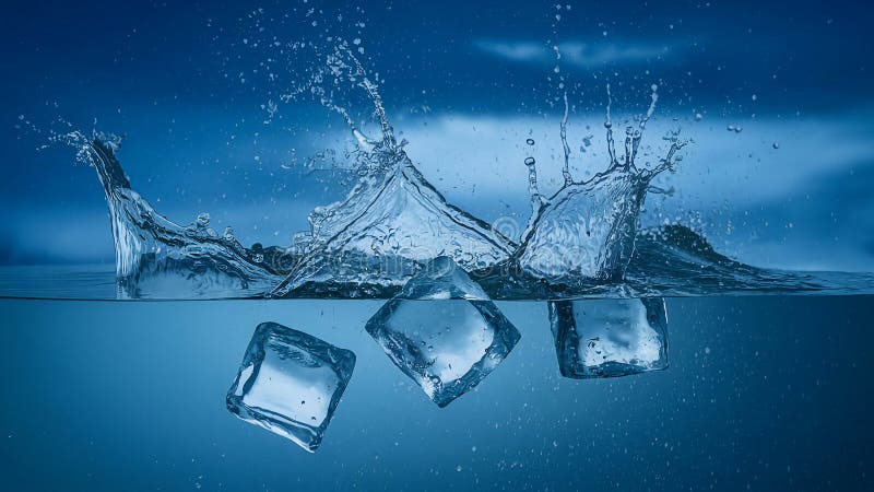 Three Ice Cubes Jumping from Water with Dynamic Splash and Blue ...