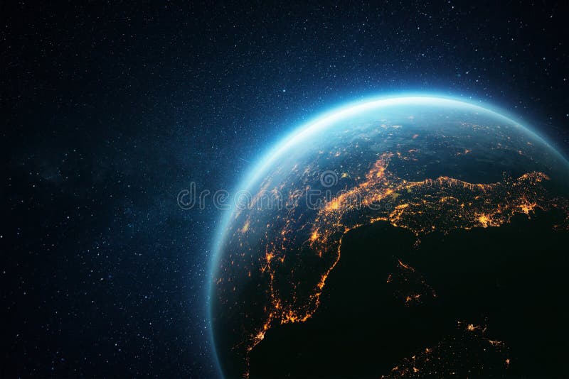 Amazing Planet Earth with a Blue Glow and Yellow Lights of Night Cities ...