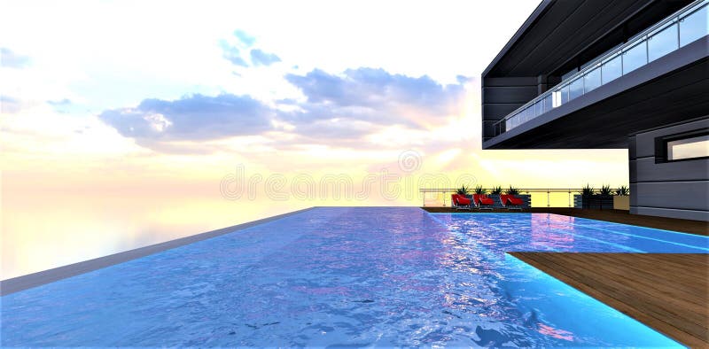 Amazing Pool on the Roof of a Luxurious Building. the Setting Sun ...