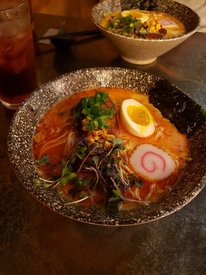 Amazing Ramen Noodle Bowl with Egg and Garlic Stock Image - Image of ...