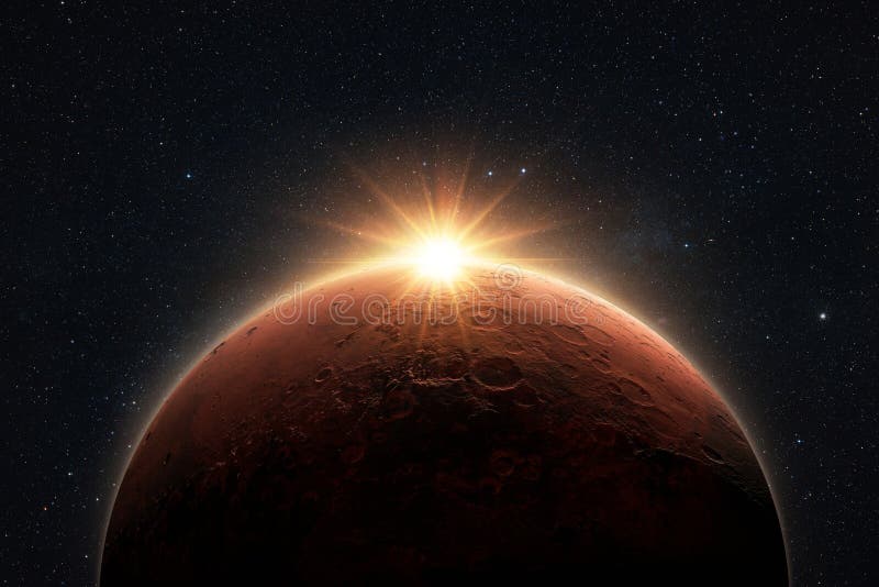 Amazing Red Planet Mars with Sunrise Rays in Deep Starry Space. Space ...