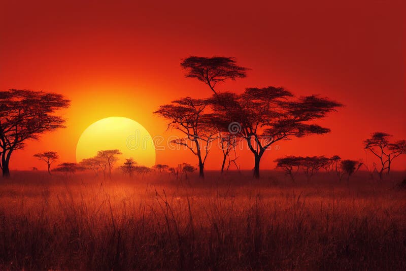 Amazing Red Sunset in the Savannah Stock Illustration - Illustration of ...