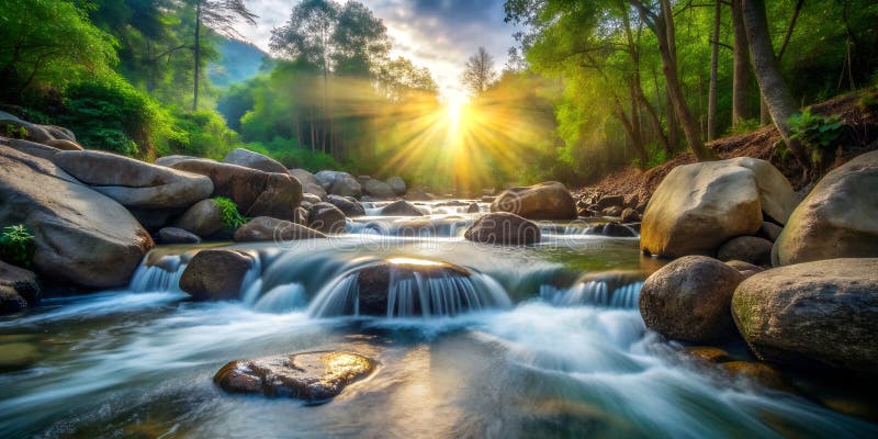 Amazing River Water Flows between the Stones Forming Baths Sun Rays ...