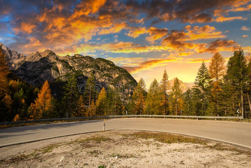 Amazing Road through the Dolomites Mountains at Sunset, Italy Stock ...