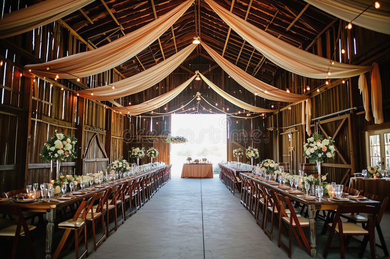 Amazing Rustic Wedding Venue. Reception Set Up in Barn Stock Image ...