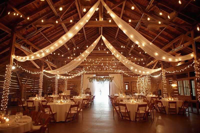 Amazing Rustic Wedding Venue. Reception Set Up in Barn Stock Image ...