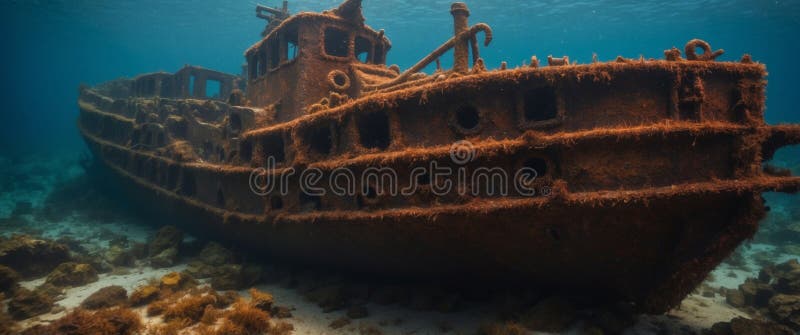 Amazing Rusty Sunken Ship Under the Sea in the Depths. Stock Image ...