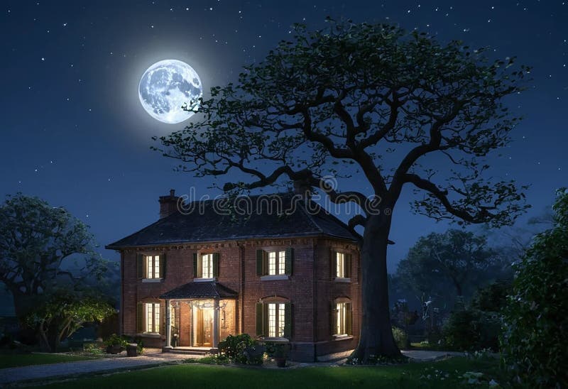Amazing Scene of a House with Moonlight at Night Stock Illustration ...