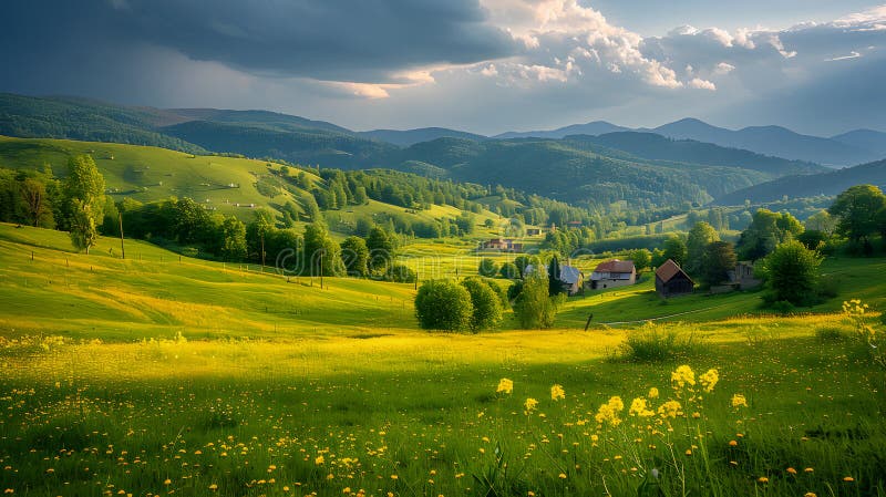 Amazing Scenery in Summer Mountains. Lush Meadows in Glorious Evening ...