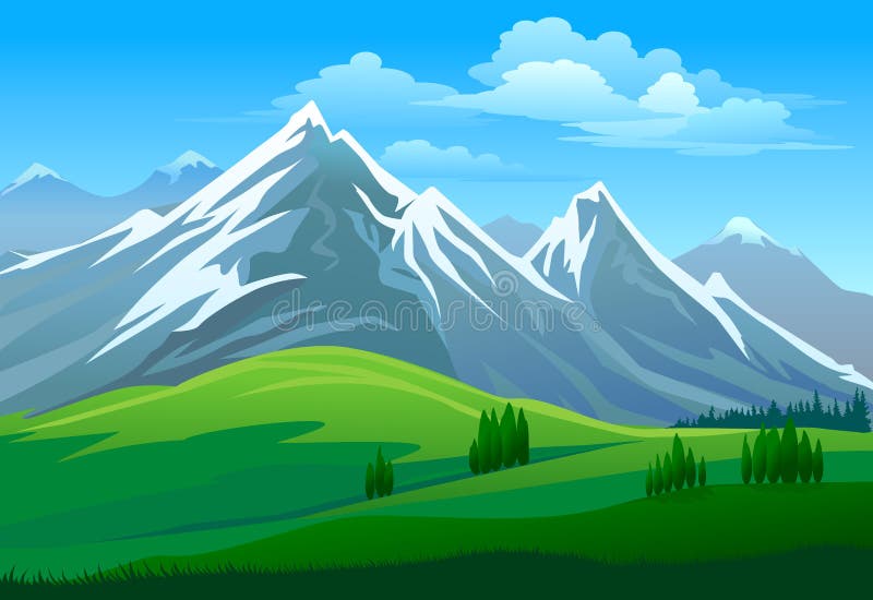 Amazing Snow Clad Mountain and Green Valley Stock Illustration ...