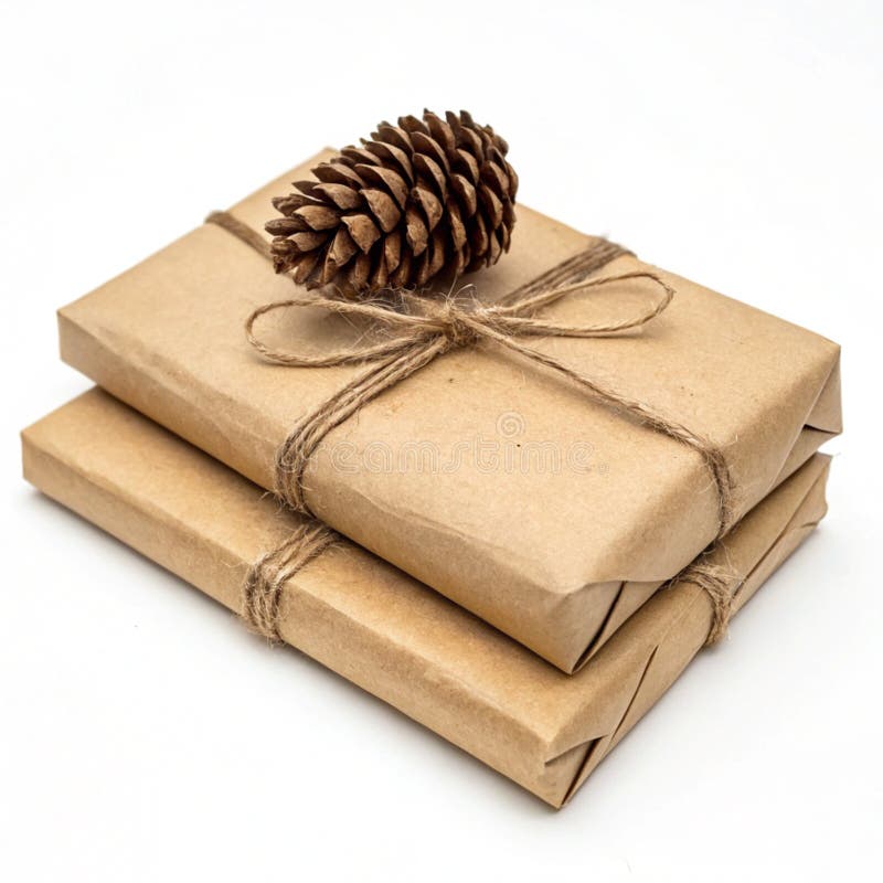 Amazing Stack of Brown Paper Wrapped with a Pine Cone Isolated on White ...