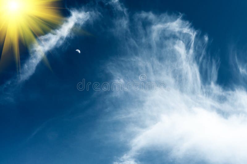 Amazing Sun and Moon High in the Blue Sky. Stock Photo - Image of high ...