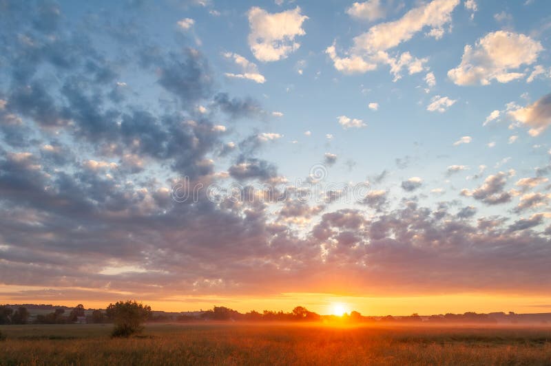 Amazing Sunrise Over Pasture. Dramatic Sky at Dawn Stock Image - Image ...