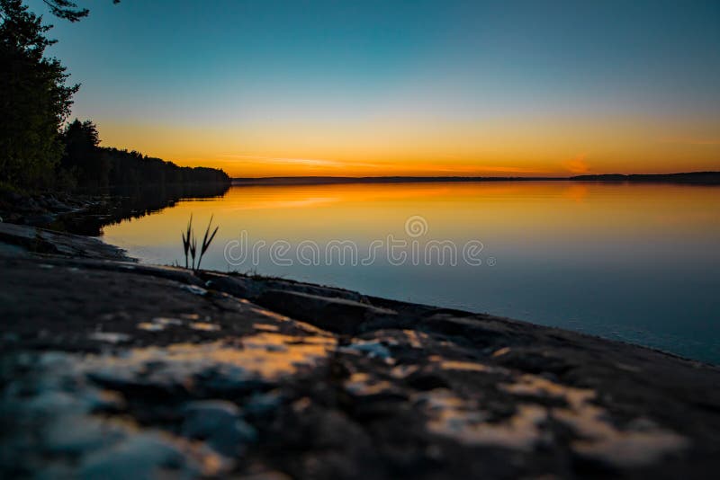 Amazing Sunset on the Lake, Water Reflection Stock Image - Image of ...