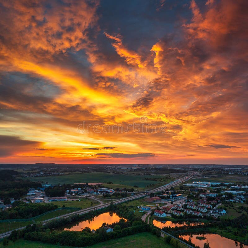 Amazing Sunset Over the Road in Straszyn Town. Poland Stock Image ...