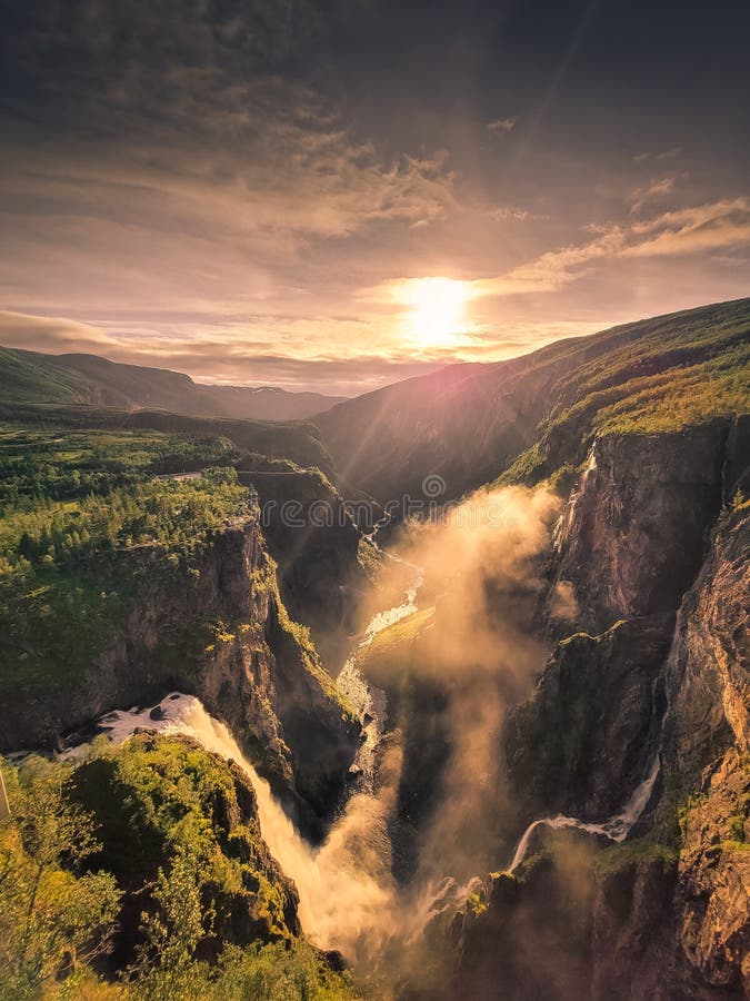 Amazing Sunset Over the Voringfossen Waterfalls in Norway Stock Photo ...
