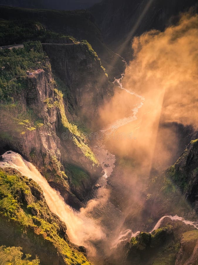 Amazing Sunset Over the Voringfossen Waterfalls in Norway Stock Photo ...