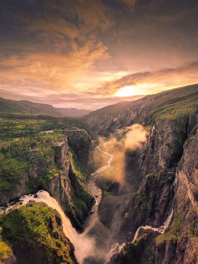 Amazing Sunset Over the Voringfossen Waterfalls in Norway Stock Image ...