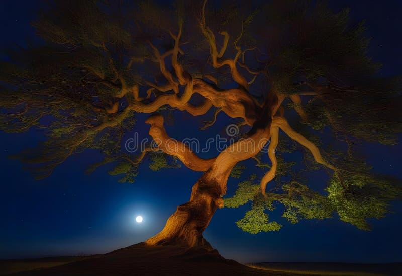 Amazing Tree Under the Moonlight Stock Illustration - Illustration of ...