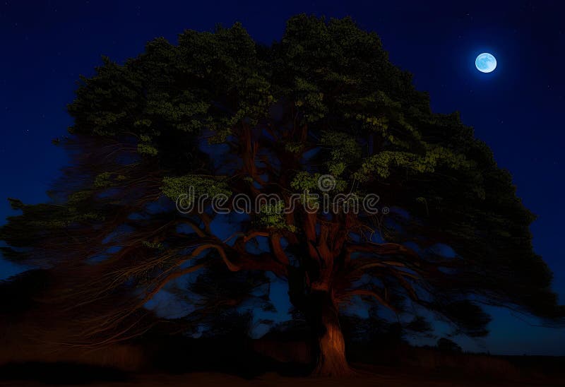 Amazing Tree Under the Moonlight Stock Illustration - Illustration of ...