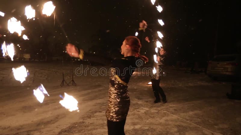 Amazing Tribal Fire Show Dance at Night on Winter Under Falling Snow ...