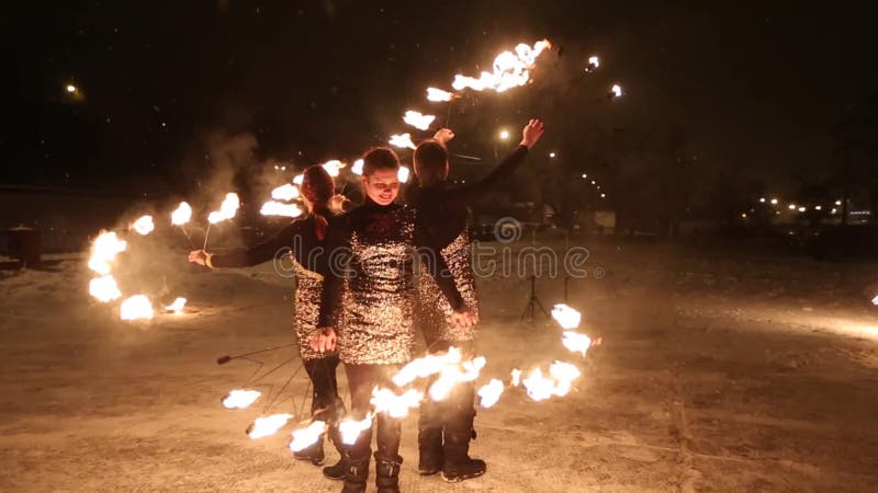Amazing Tribal Fire Show Dance at Night on Winter Under Falling Snow ...