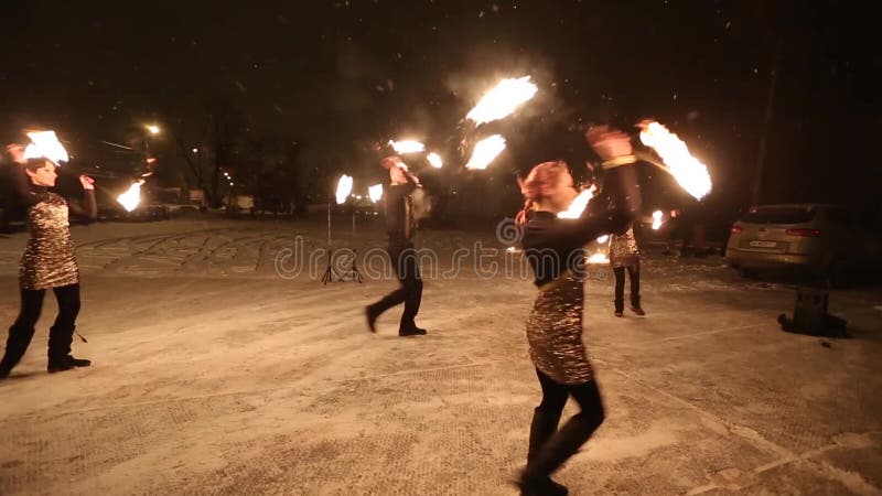 Amazing Tribal Fire Show Dance at Night on Winter Under Falling Snow ...